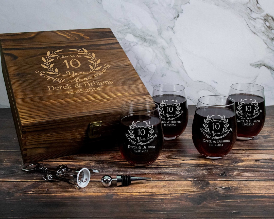 Personalized Anniversary Wine Glass Gift Set in an Engraved Wooden Gift ...