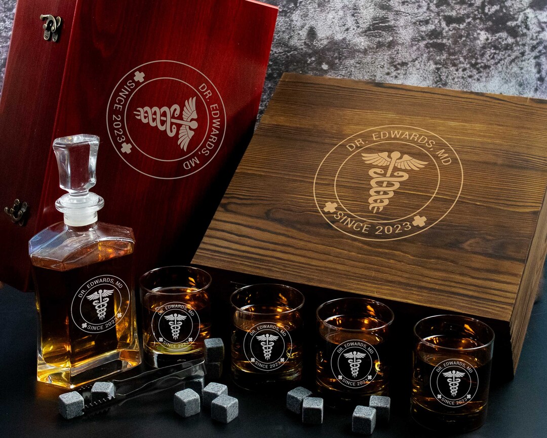 Doctor Gift - Custom Engraved Whiskey Decanter Wood Box Set - Medical ...
