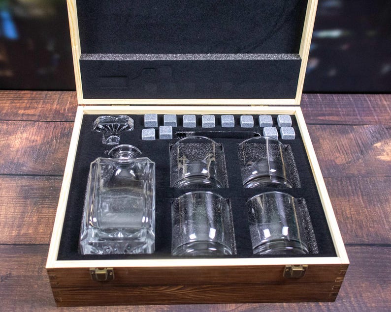 Engraved Whiskey Decanter Set, 4 Whiskey Glasses, and Whiskey Stones in ...