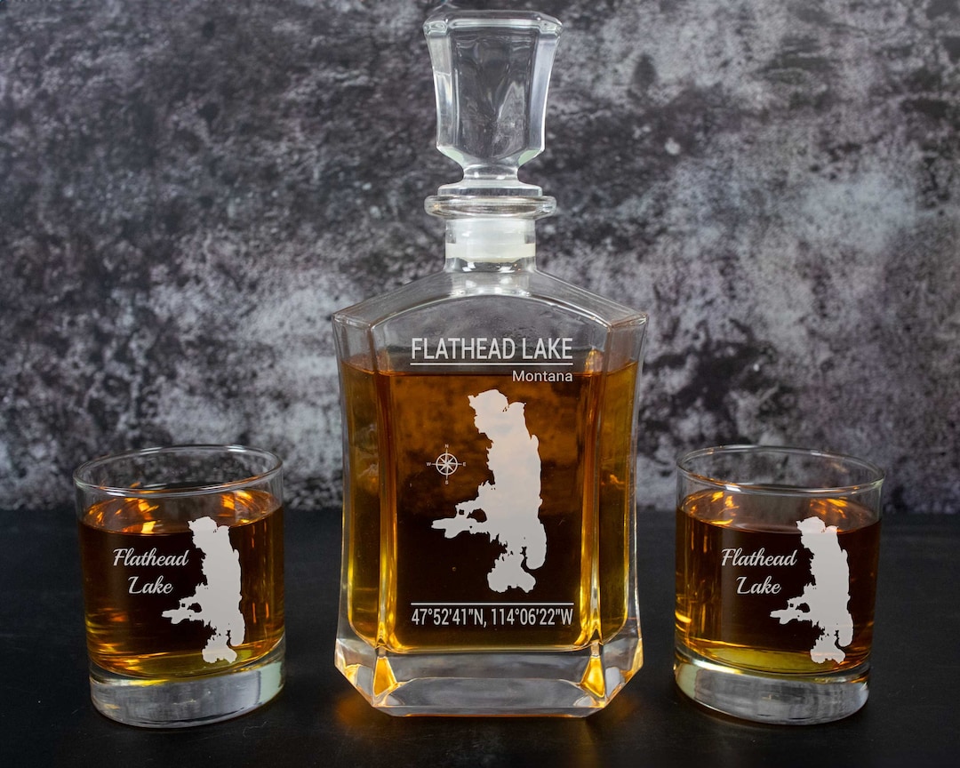 Flathead Lake, Montana Lake Map Engraved on Glass Whiskey Decanter Gift ...