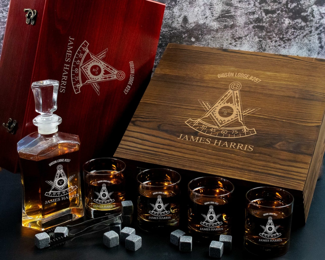 Past Master Engraved Custom Whiskey Decanter Gift Set in a Wood Box ...