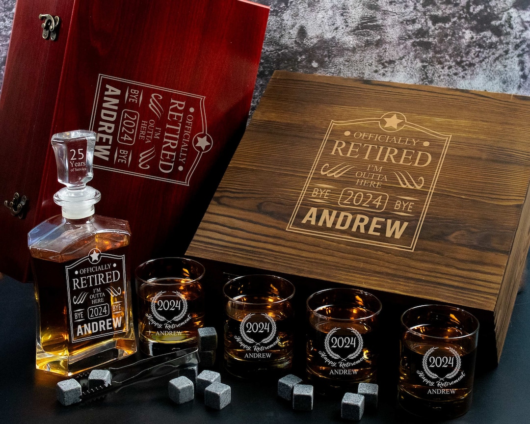Retirement Gift Box | Personalized Whiskey Decanter Gift Set ...