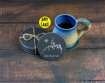 Custom Lake Map Slate Circle OR Square Coasters ANY LAKE Sets of 4, 6 ...