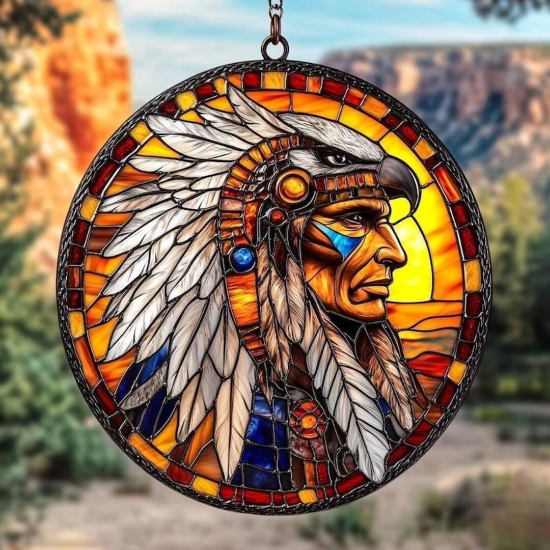 Native Chief Stained Glass Suncatcher, Tribal Warrior With Eagle ...
