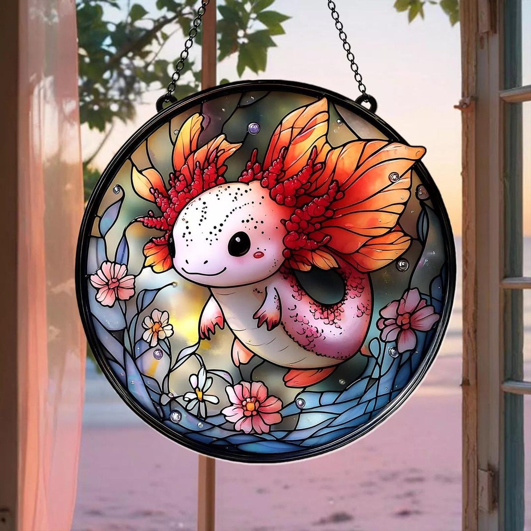 Axolotl Stained Glass Suncatcher, Cute Aquatic Decor, Fantasy Stained ...