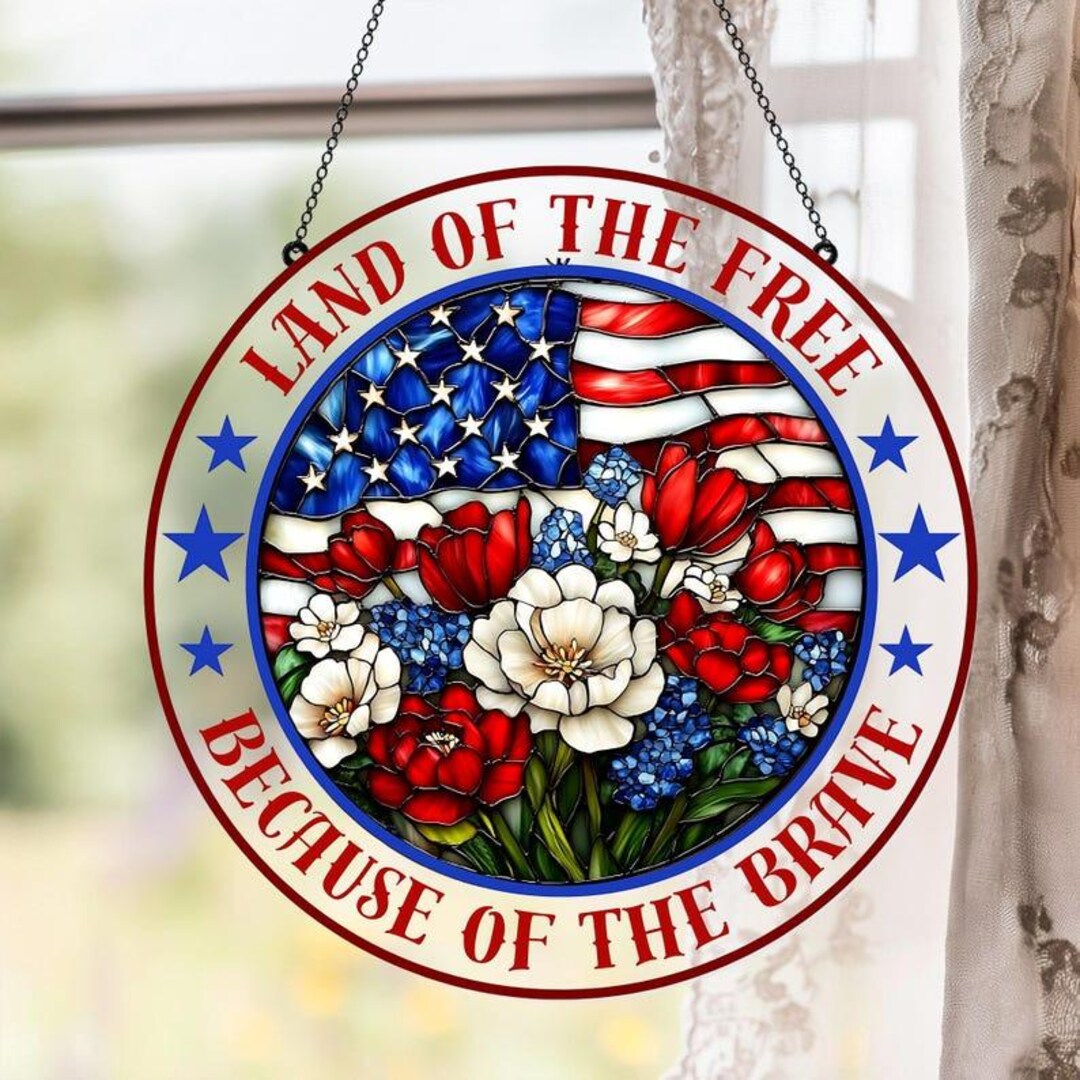 Memorial Day Stained Glass Suncatcher – Patriotic Floral American Flag ...