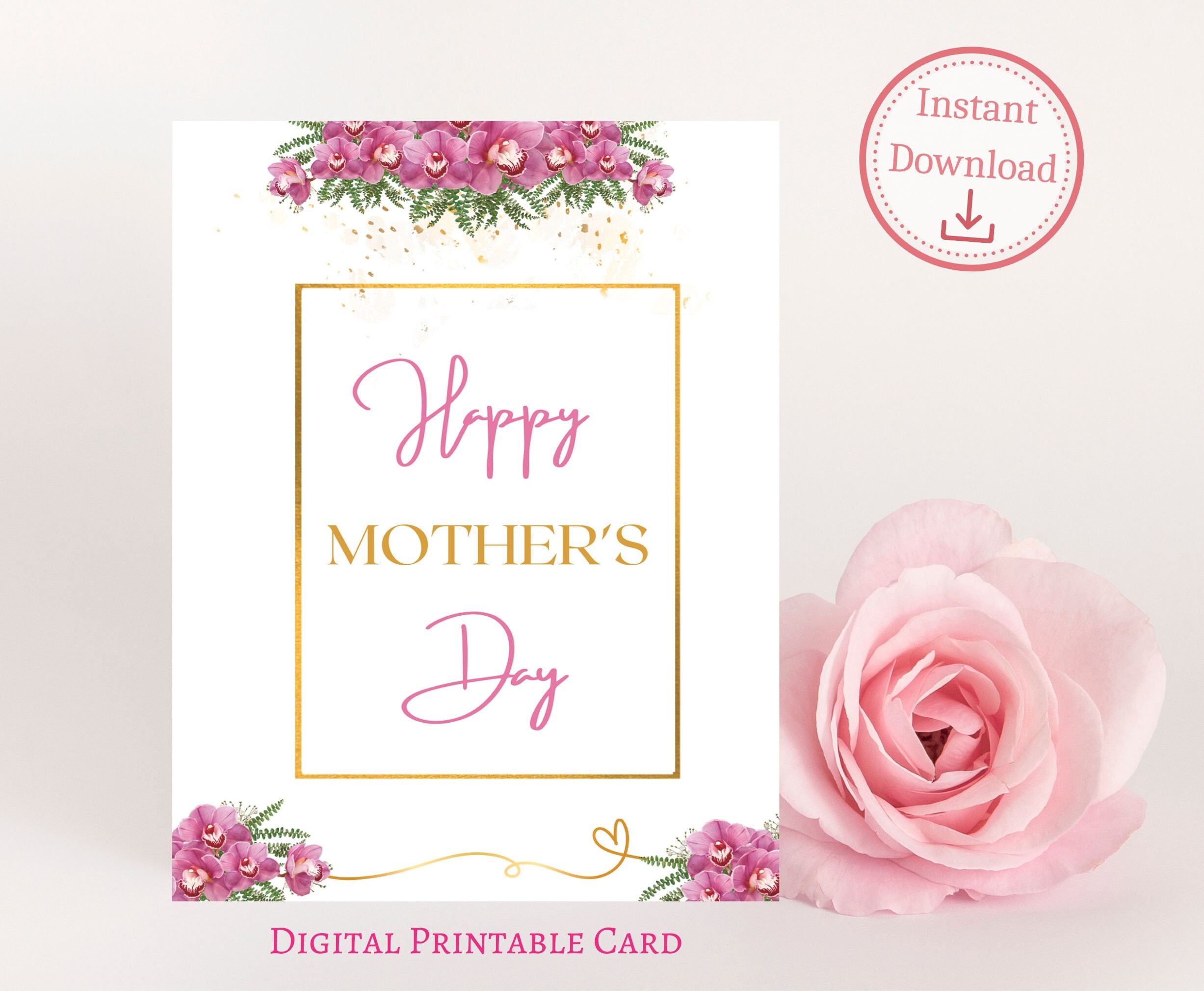 Printable Happy Mothers Day Card Pink and Gold Floral Greeting Card ...