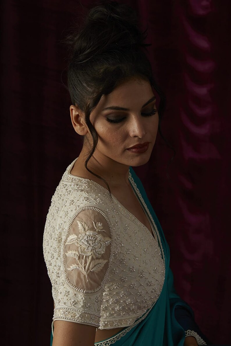 White Pearl Beaded Heavy Top Blouse Designer Saree Blouse Cocktail ...