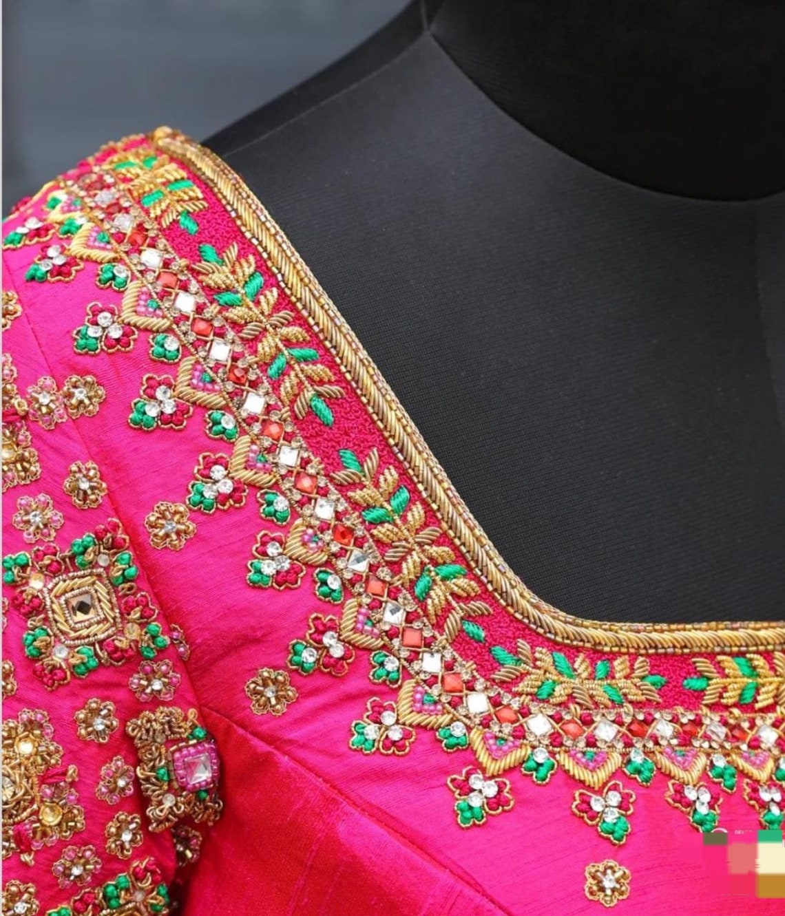 Pink , Green and Gold Maggam Work Peacock Design Blouse | Aari Work ...