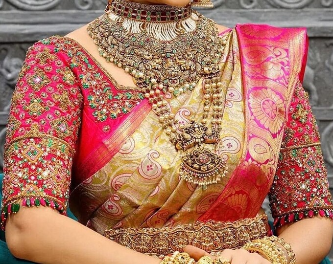 Pink , Green and Gold Maggam Work Peacock Design Blouse | Aari Work ...