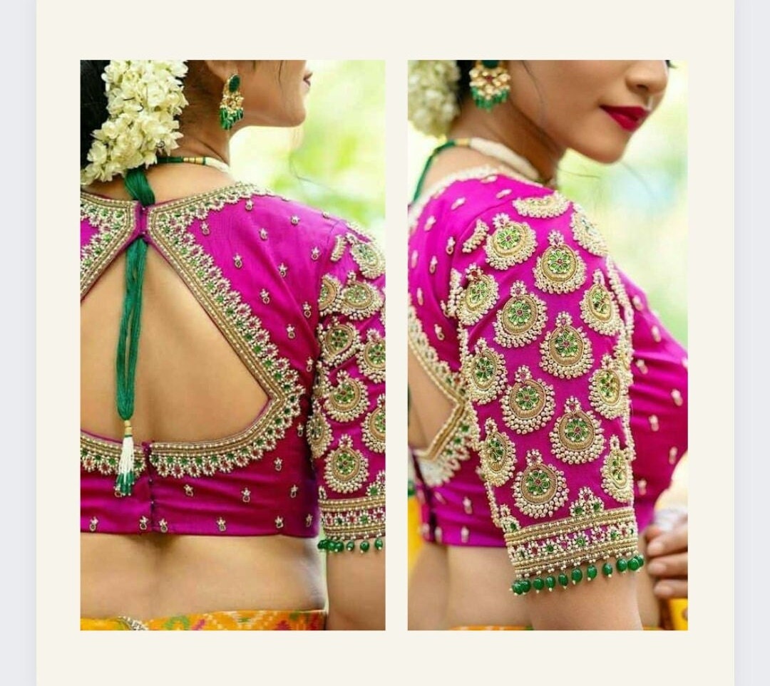 Majenta Pink Maggam Work Aari Work Handmade Blouse | Aari Work | Zardozi Blouse Deep Back - Etsy
