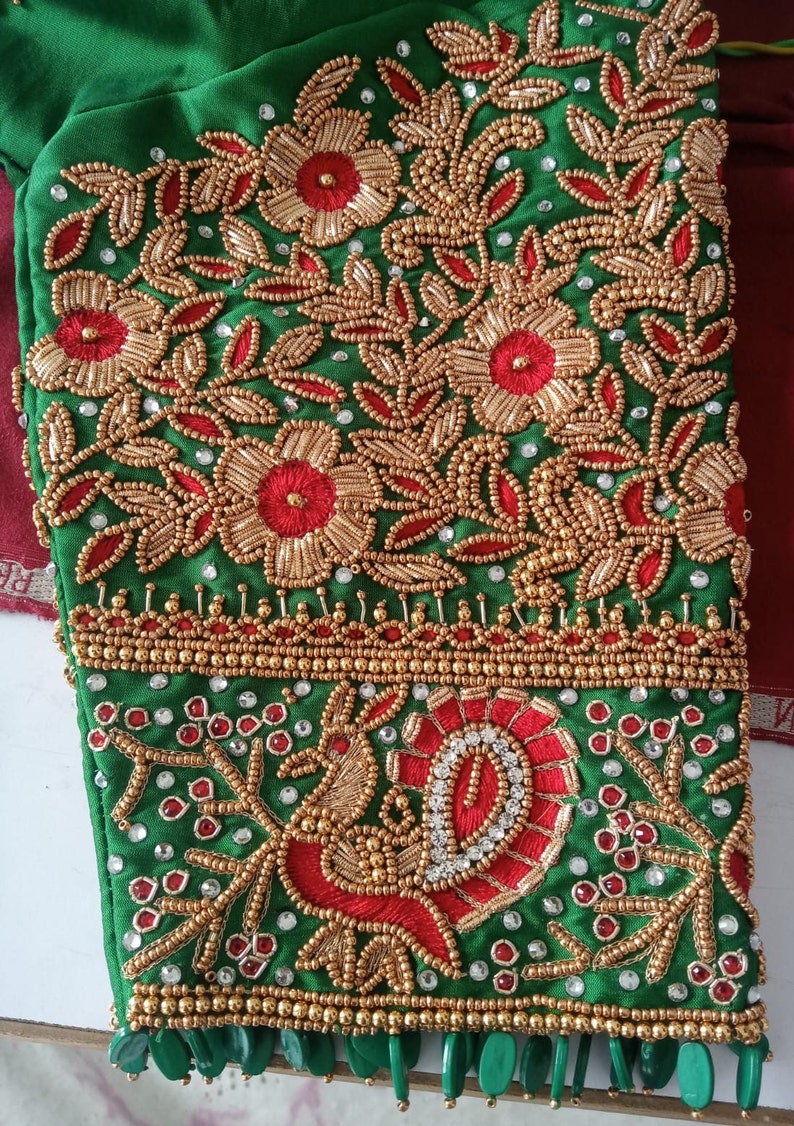 Buy Dark Green Maggam Work Aari Work Handmade Saree Blouse . Made ...