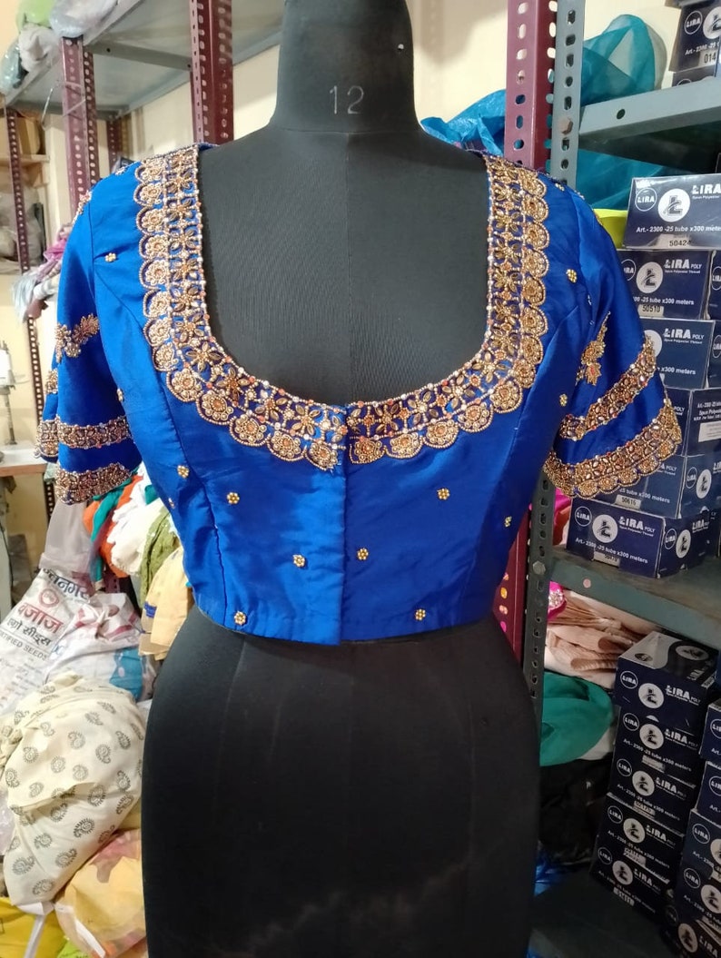 Navy Blue Maggam Work Aari Work Under 100 Dollars Handmade Silk Saree ...