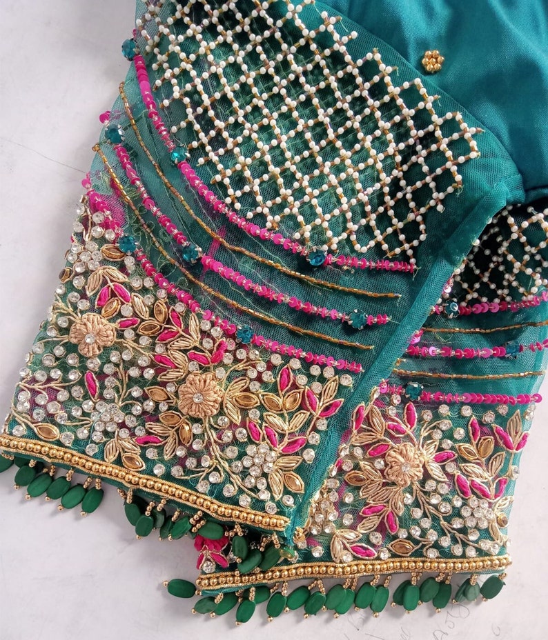 Dark Green Maggam Work Saree Blouse: Hand-embroidered Raw Silk - Etsy