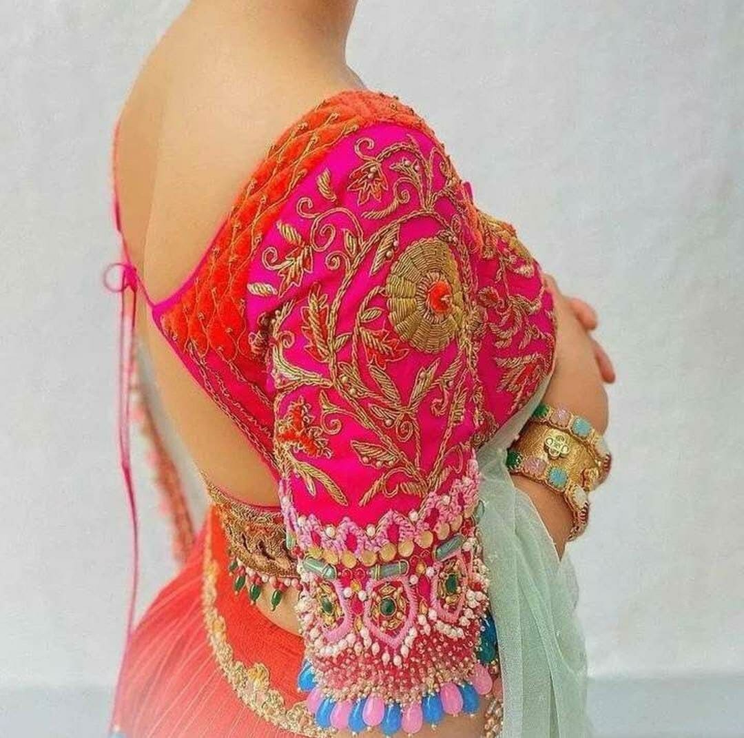 Pink Orange Maggam Work Blouse: Handmade Aari Embroidery for Silk Saree ...