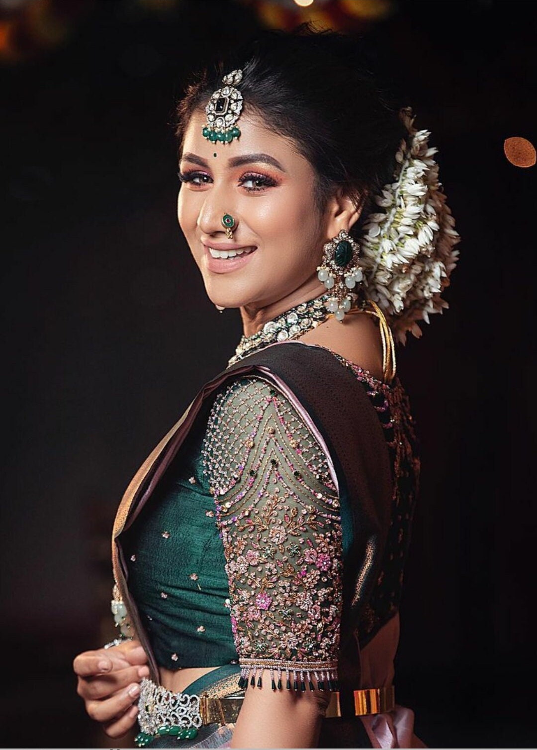 Buy Dark Green Maggam Work Blouse Net Sleeves Aari Work Saree Online in ...