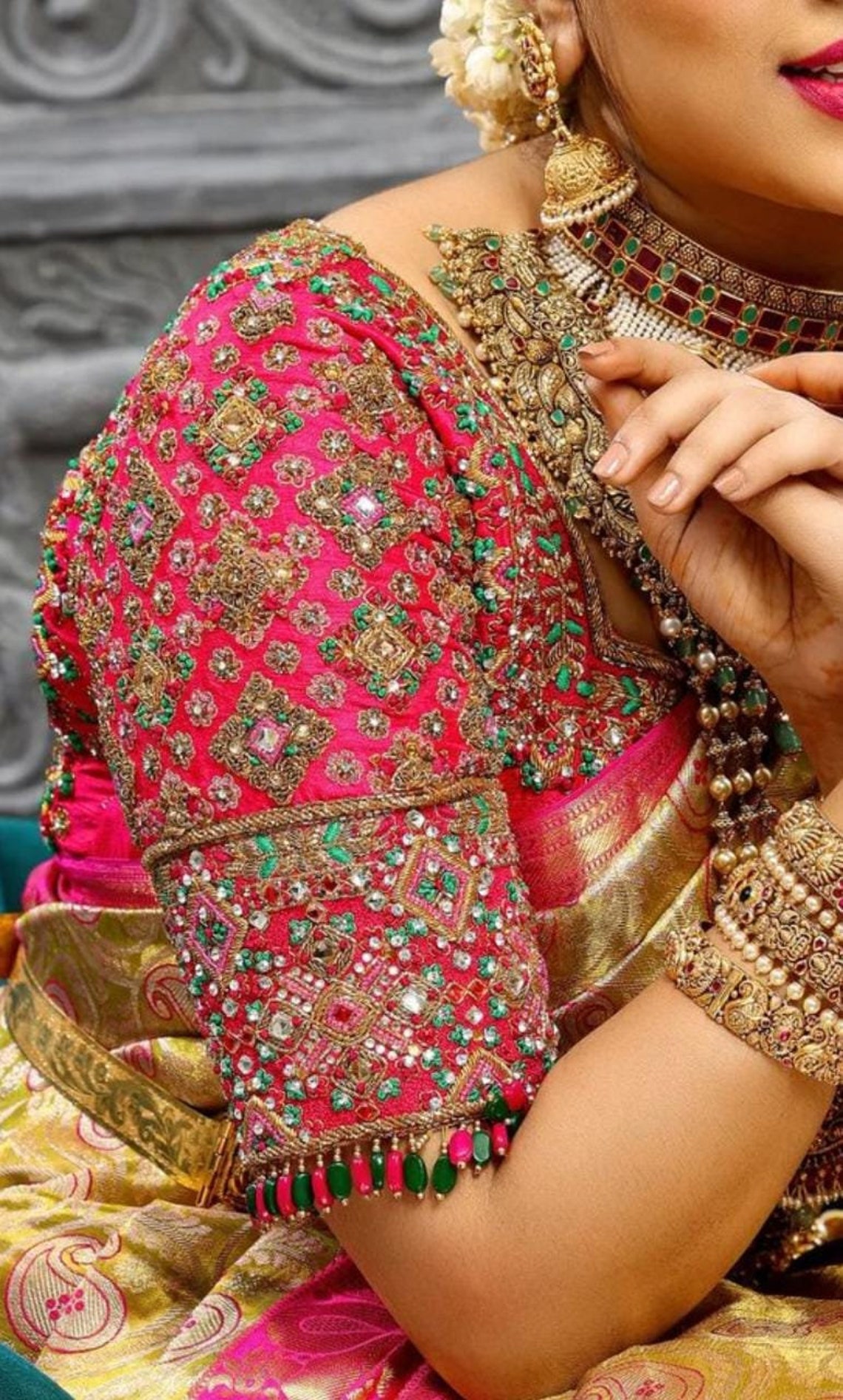 Pink , Green and Gold Maggam Work Peacock Design Blouse | Aari Work ...