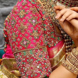 Pink , Green and Gold Maggam Work Peacock Design Blouse | Aari Work ...