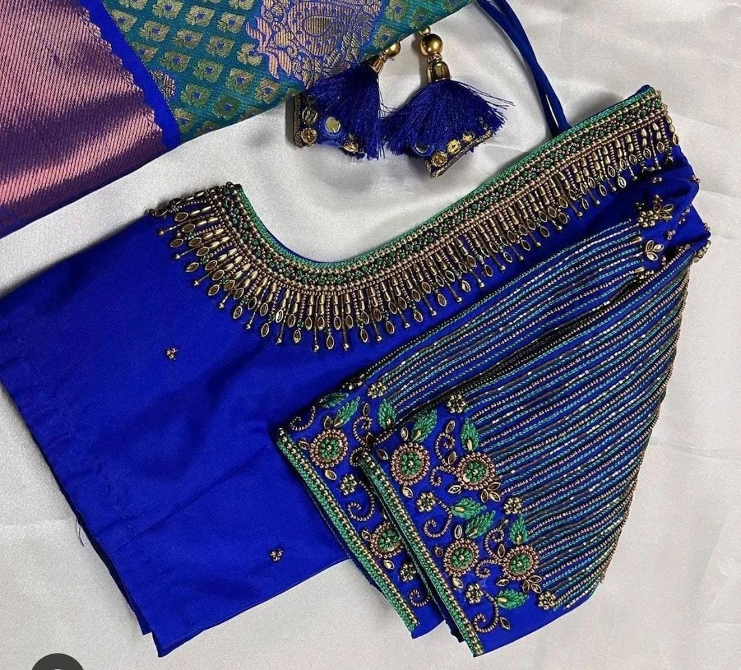 Royal Blue Maggam Work Peacock Design Blouse Aari Work Saree - Etsy