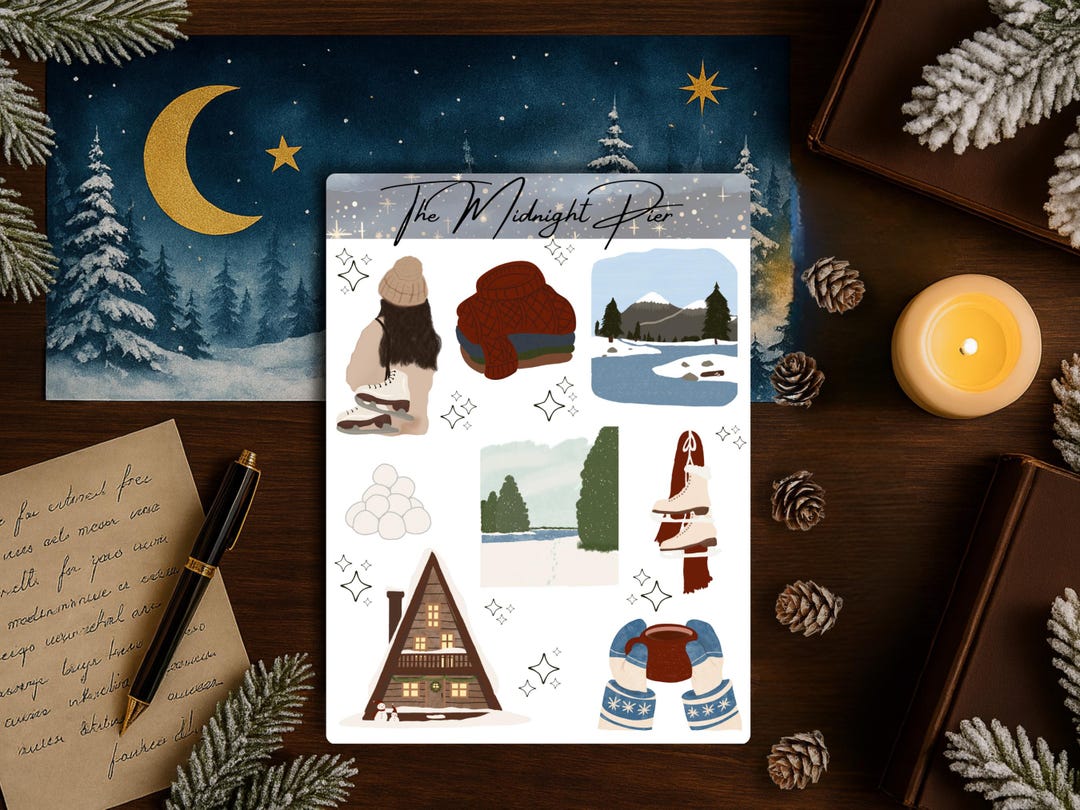 Ice Skating Sticker Sheet – Snowy Winter Cabin, Skates, Hot Cocoa, Cozy ...