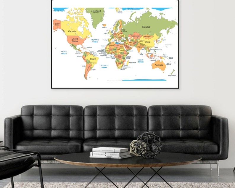 World's MAP With Color & Names - Etsy