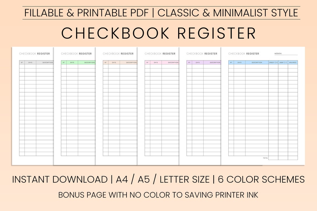 Plantilla PDF imprimible de registro de chequera, inserción de registro ...