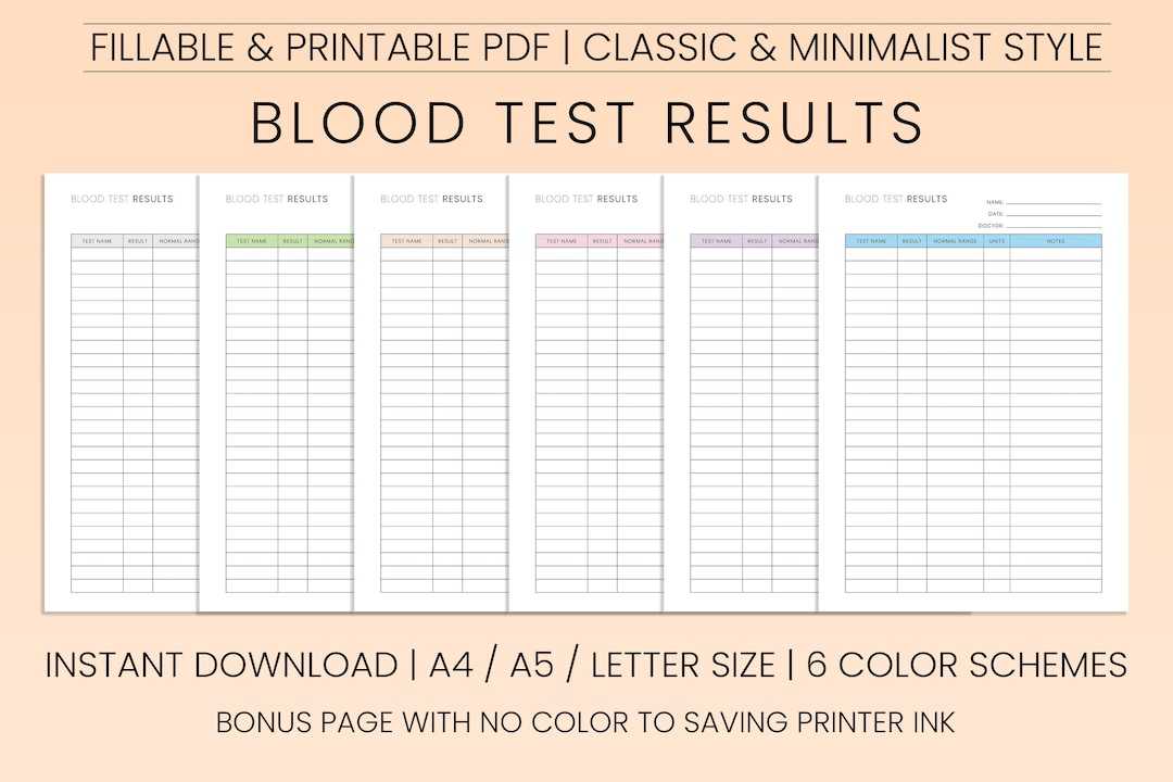 Blood Test Results Tracker, Health Log, Blood Test Result Template ...