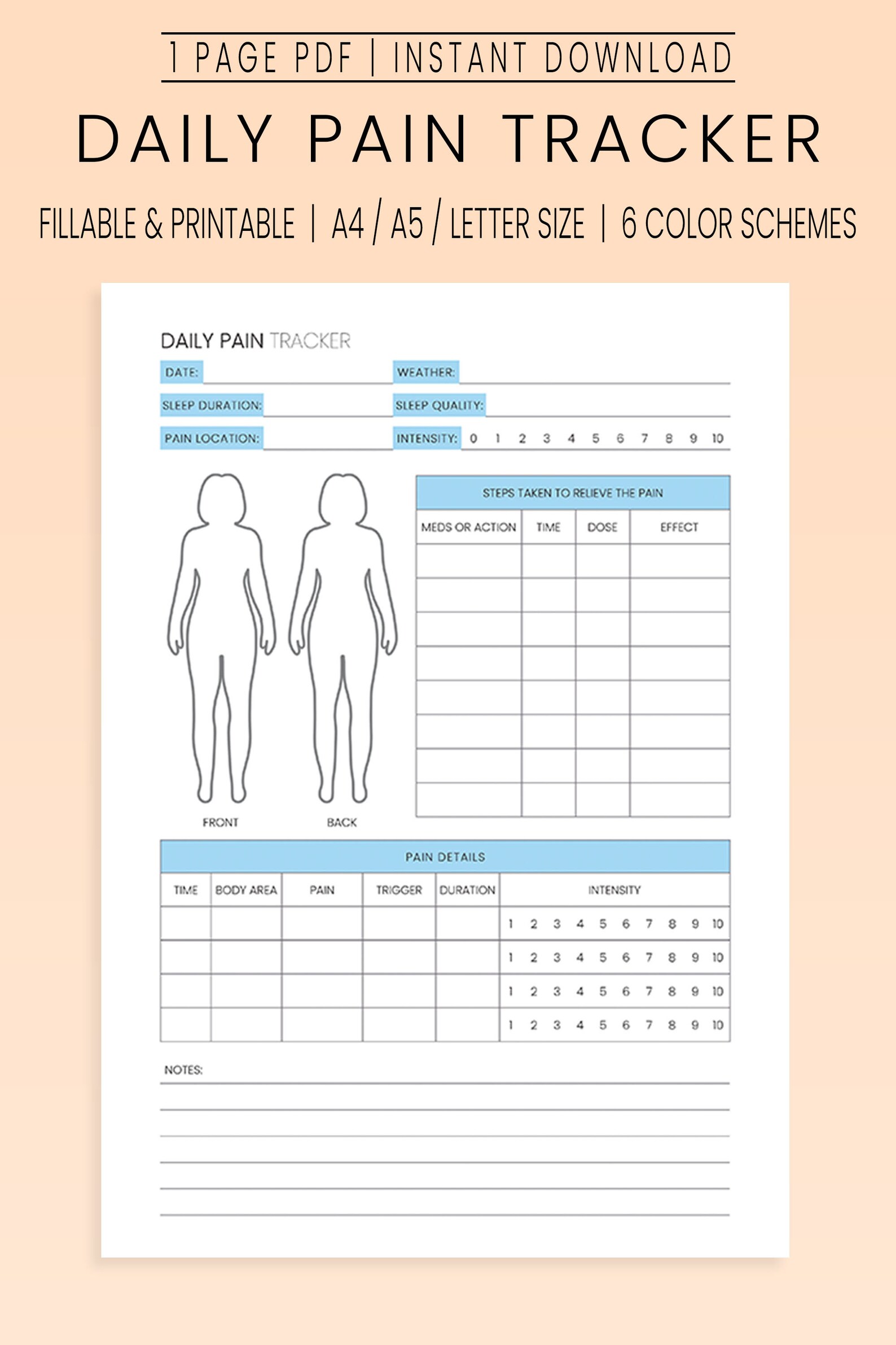 Daily Pain Tracker, Pain Log, Health Tracker Printable, Chronic Pain ...