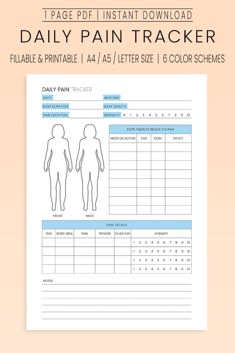 Daily Pain Tracker, Pain Log, Health Tracker Printable, Chronic Pain ...