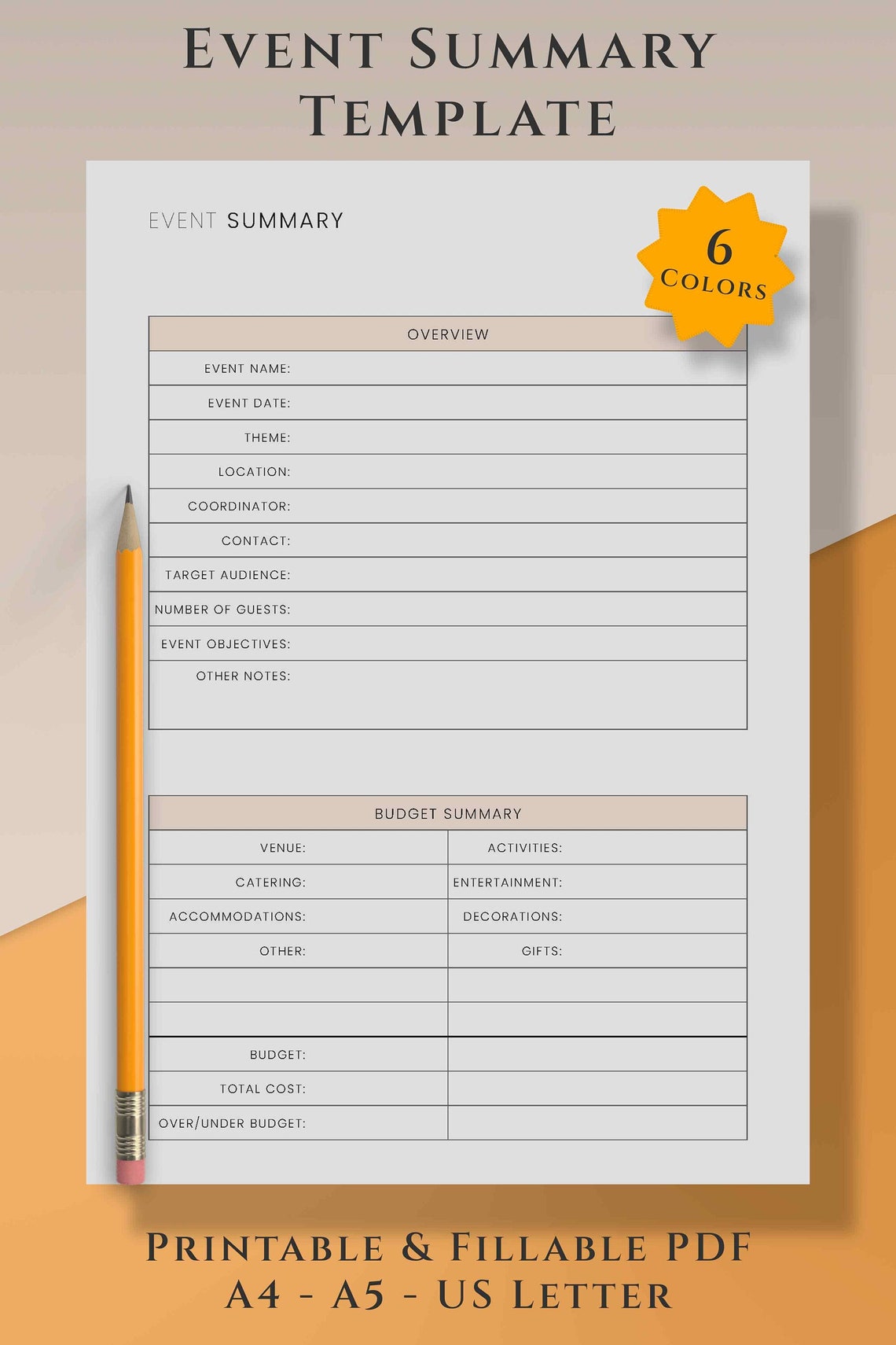 Printable Event Summary Template PDF, Party Organizer, Binder Insert ...