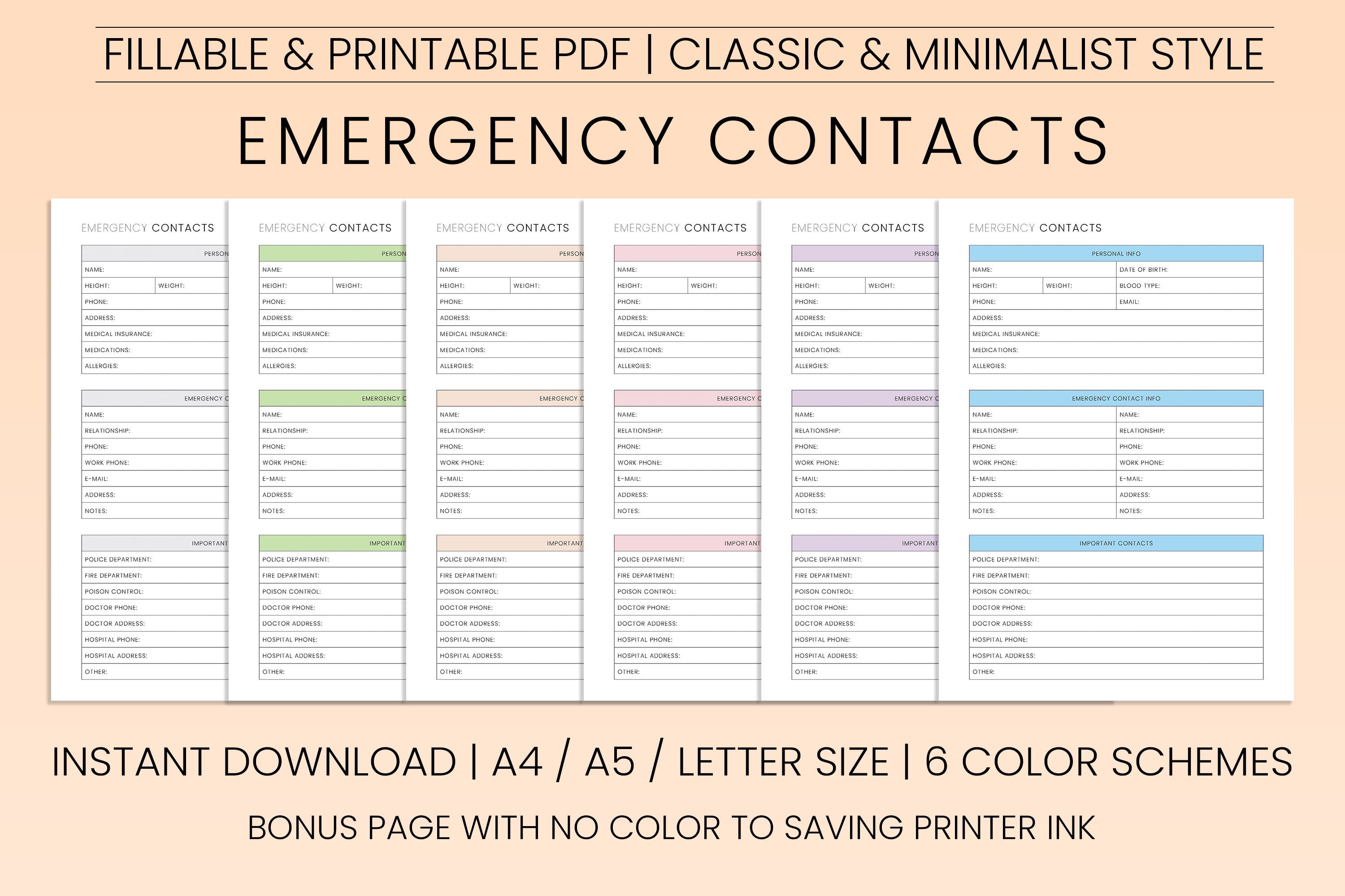 Printable Emergency Contacts Template PDF, Family Emergency Contact ...