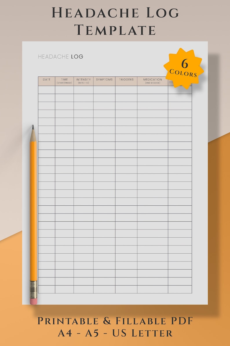 Headache Log Printable PDF Template, Instant Download, A4/A5/US Letter ...