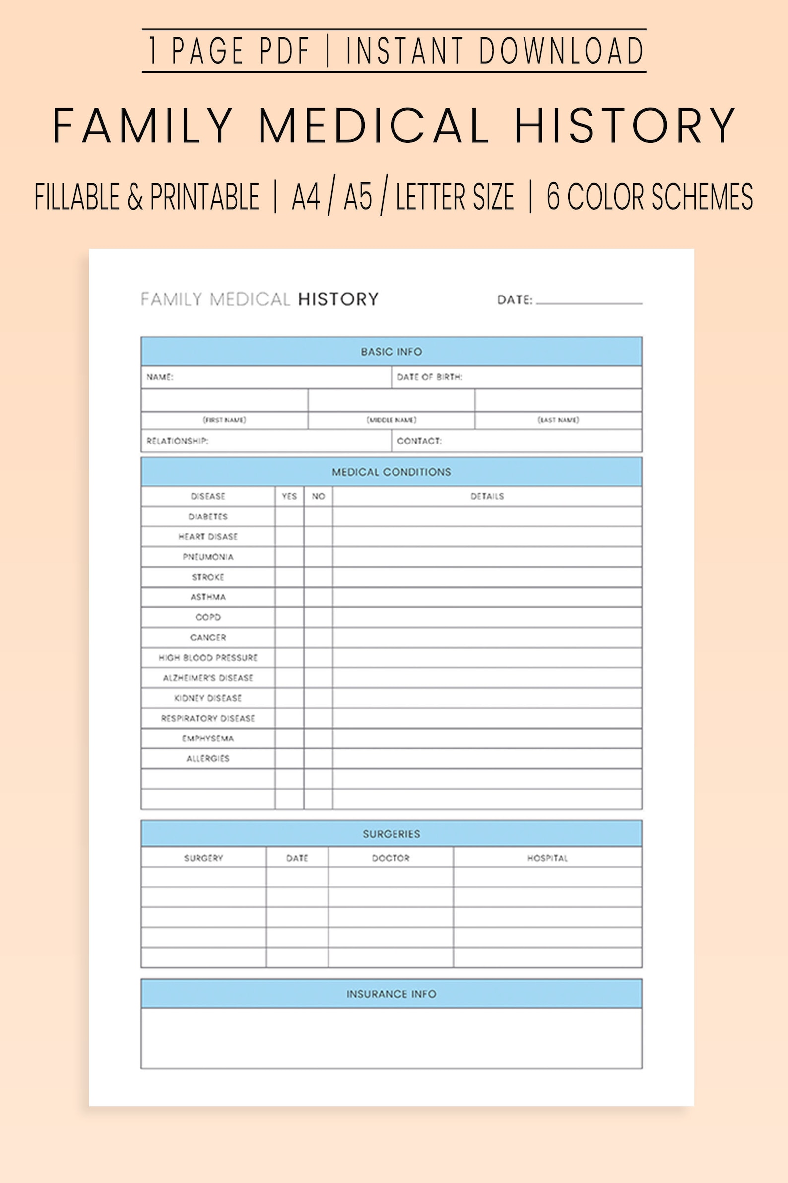Family Medical History Printable PDF Template, Health Log, Medical ...