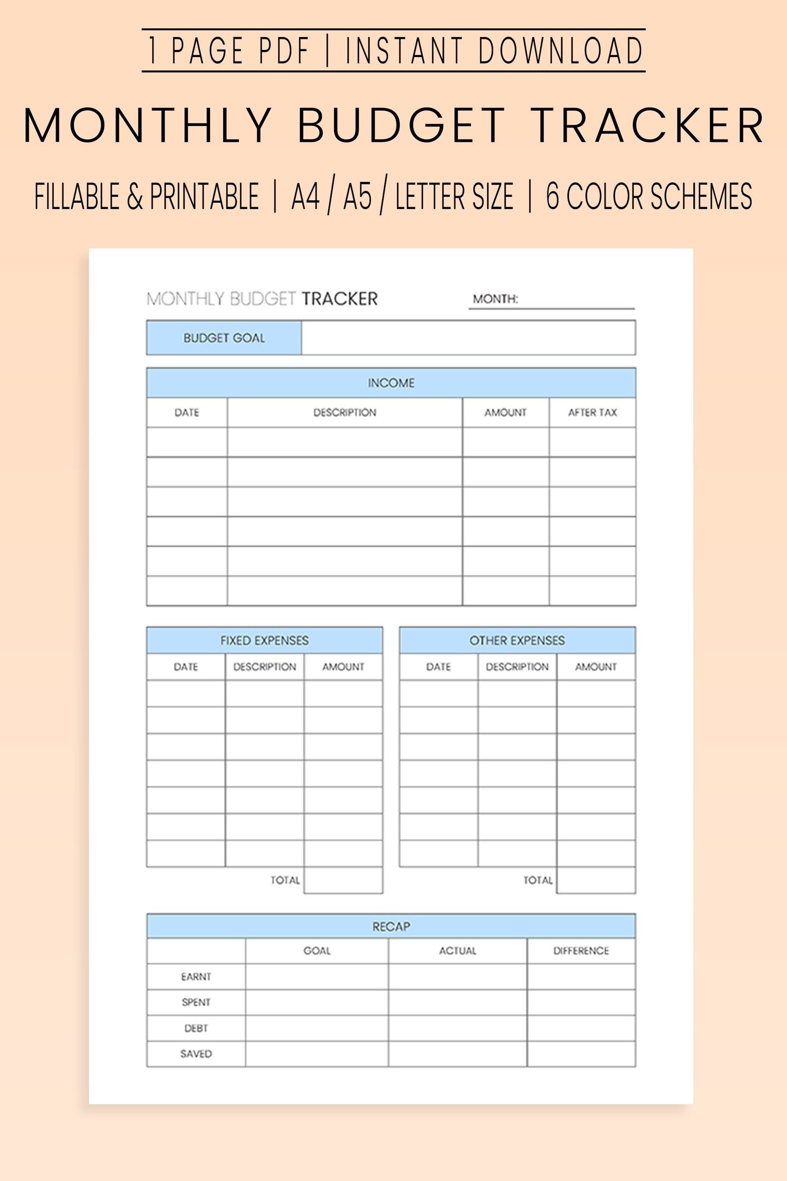 Budget Tracker PDF, Fillable Budget Planner, Monthly Budget, Payment ...