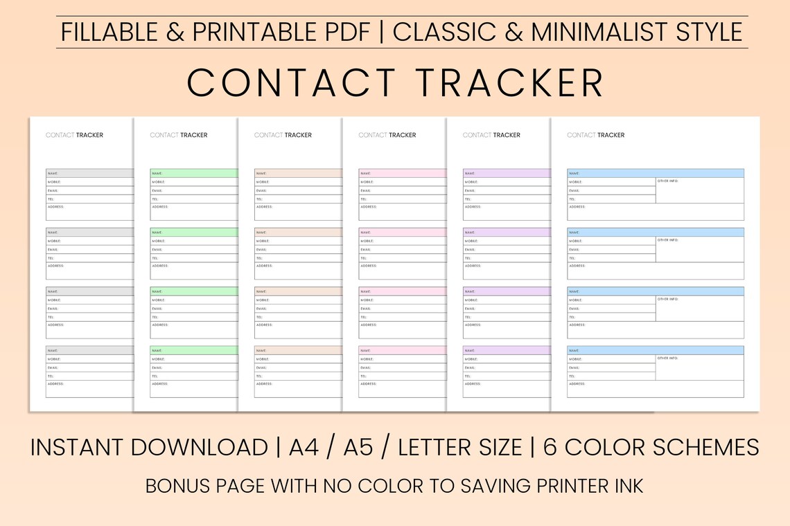 Printable Contact Tracker Template PDF, Digital Address Book, A4/A5/US ...