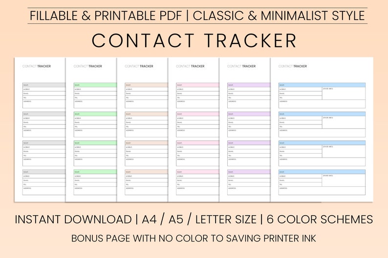 Printable Contact Tracker Template PDF, Digital Address Book, A4/A5/US ...
