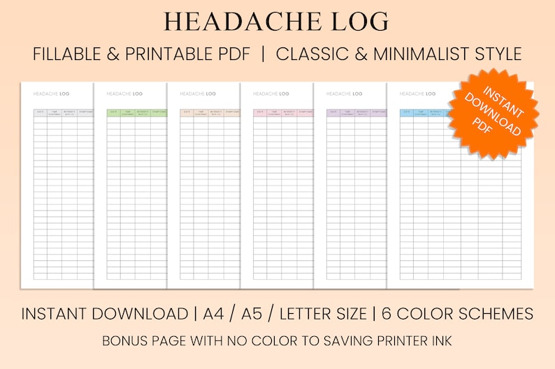 Headache Log Printable PDF Template, Instant Download, A4/A5/US Letter ...
