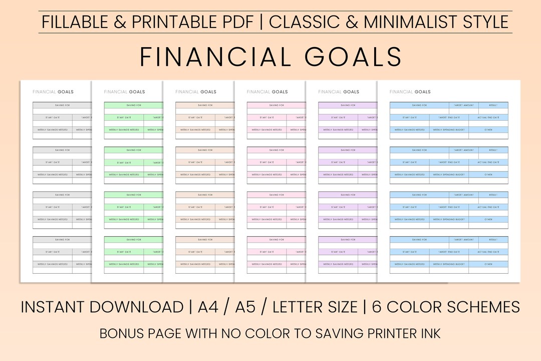 Printable Financial Goals Template Money Saving Planner - Etsy