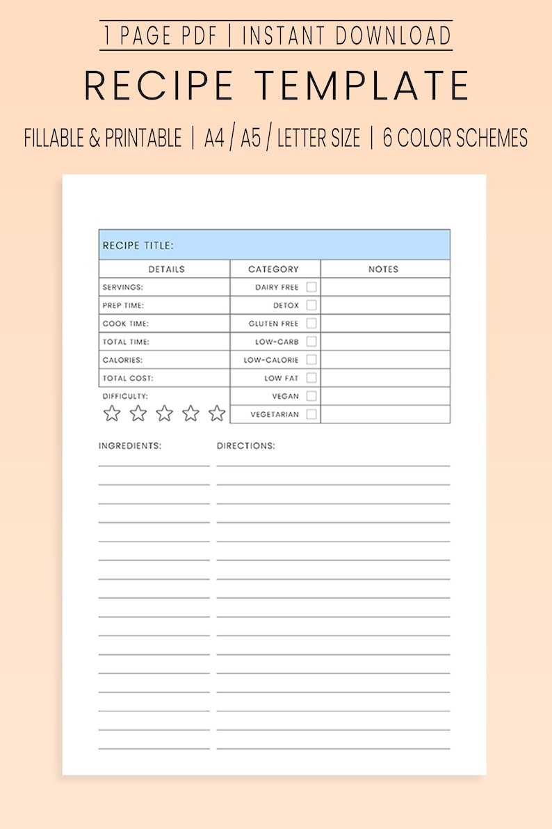 Recipe Book Template PDF Printable Recipe Card Template - Etsy