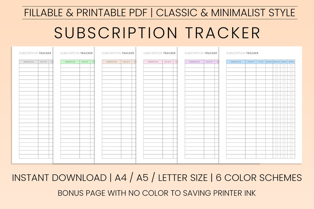 Subscription Tracker Editable & Printable PDF Template, Membership ...