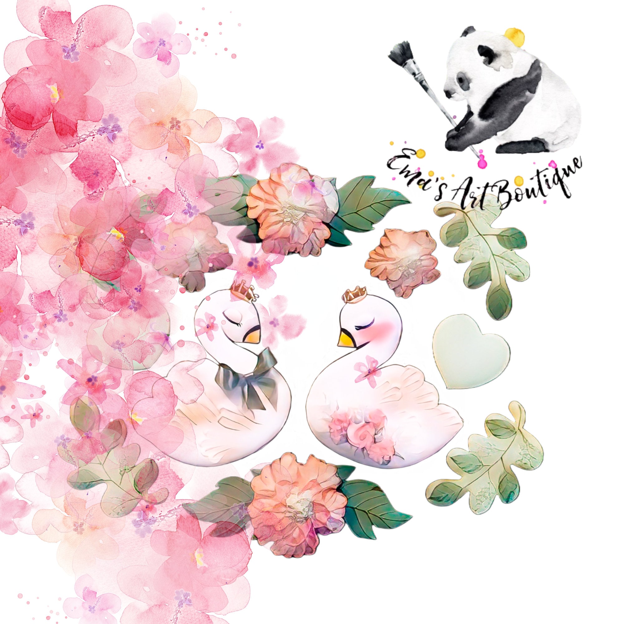 Swans Animal Clipart Set PNG JPG File Watercolor Swans With Frame ...