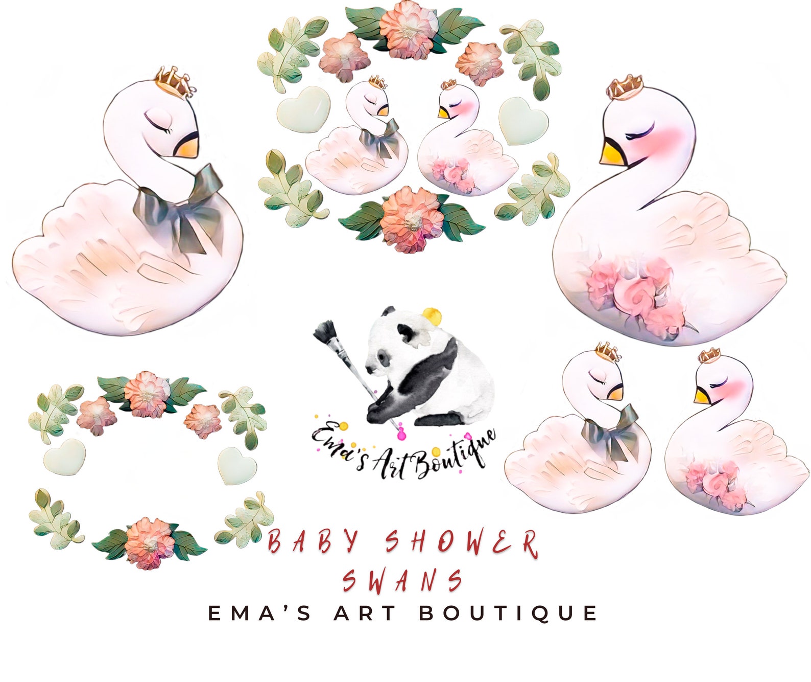 Swans Animal Clipart Set PNG JPG File Watercolor Swans With Frame ...