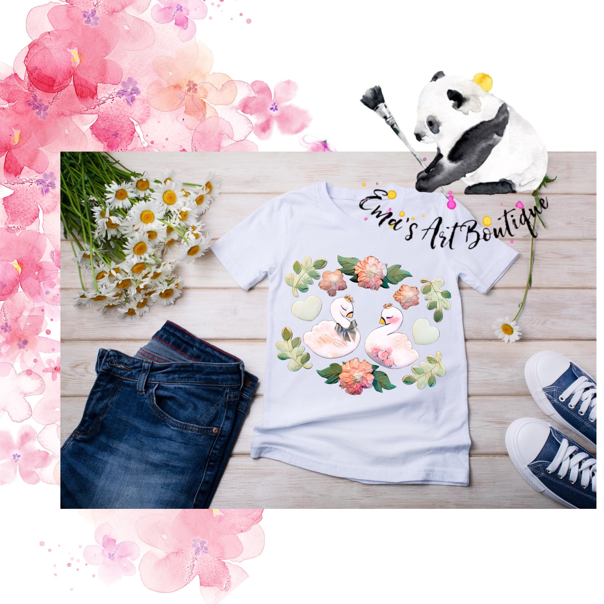 Swans Animal Clipart Set PNG JPG File Watercolor Swans With Frame ...