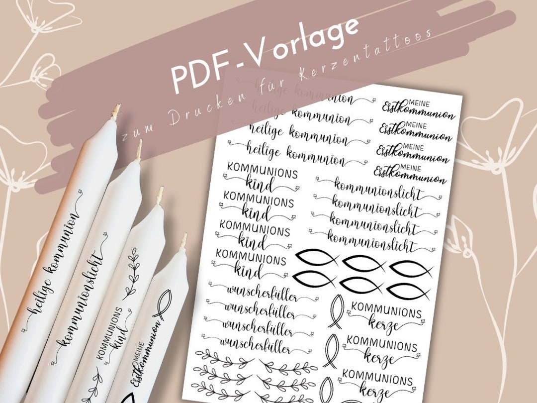 Communion Candle Tattoo PDF Template First Communion Candle Sticker DIY ...