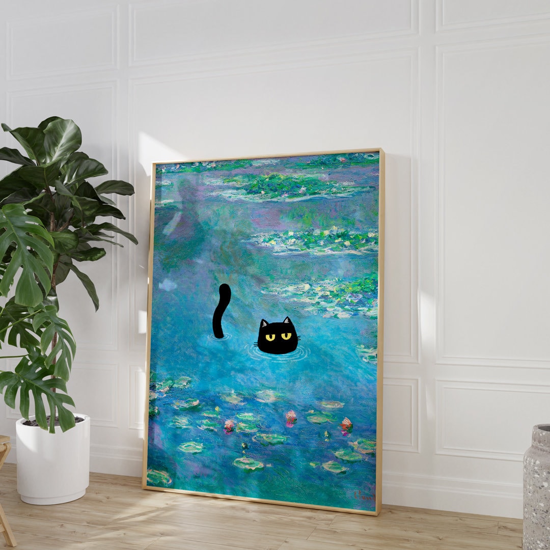 Monet Waterlily Cat Print, Claude Monet Cat Poster, Cat Art, Animal ...