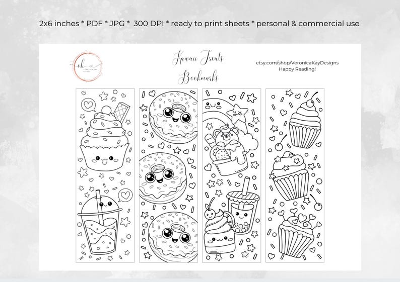 Printable Kawaii Treats Coloring Bookmarks for Adults and Kids, Reading ...