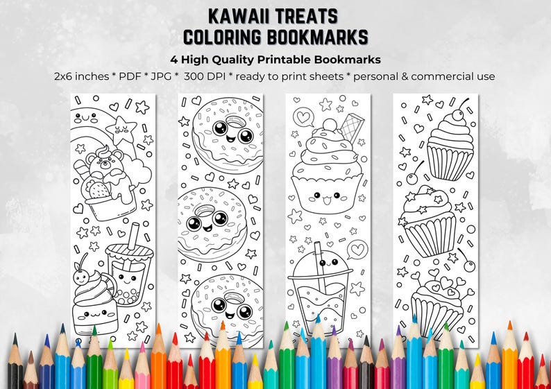 Printable Kawaii Treats Coloring Bookmarks for Adults and Kids, Reading ...