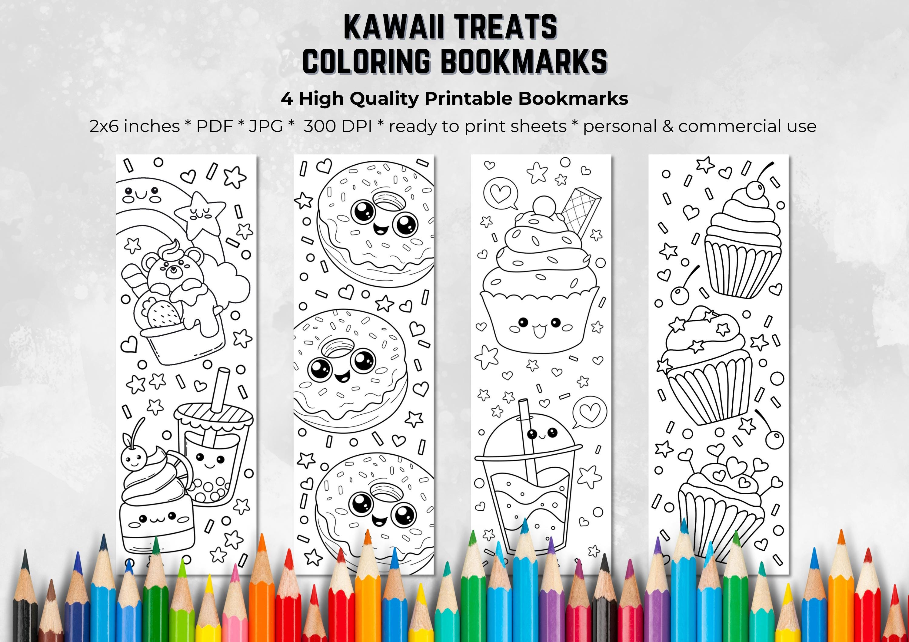 Printable Kawaii Treats Coloring Bookmarks for Adults and Kids, Reading ...