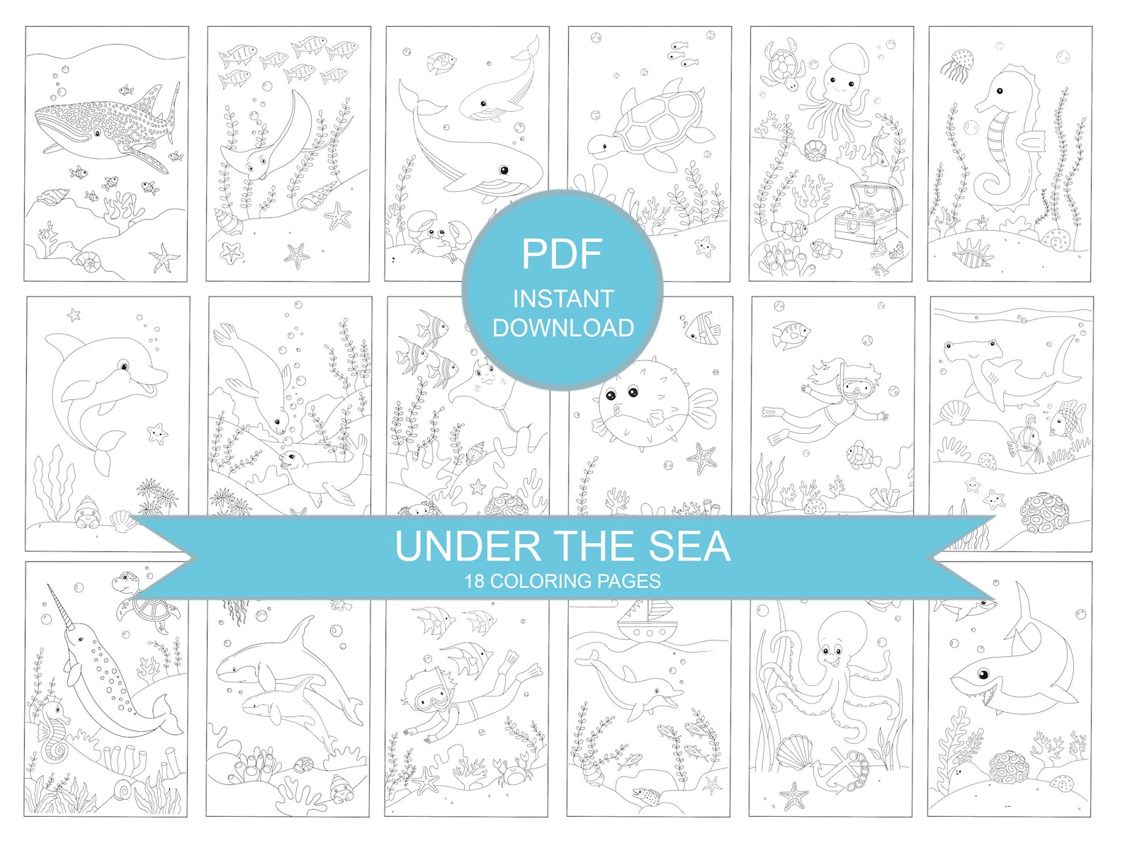Sea Animal Coloring Book Pages for Kids - Ocean Creature Coloring Book ...