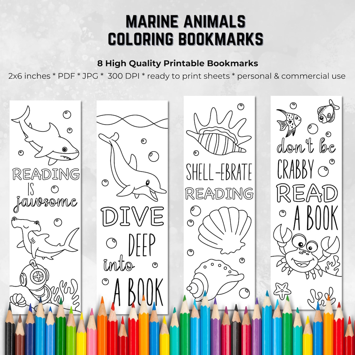 Printable Sea Marine Animals Coloring Bookmarks for Adults and Kids ...